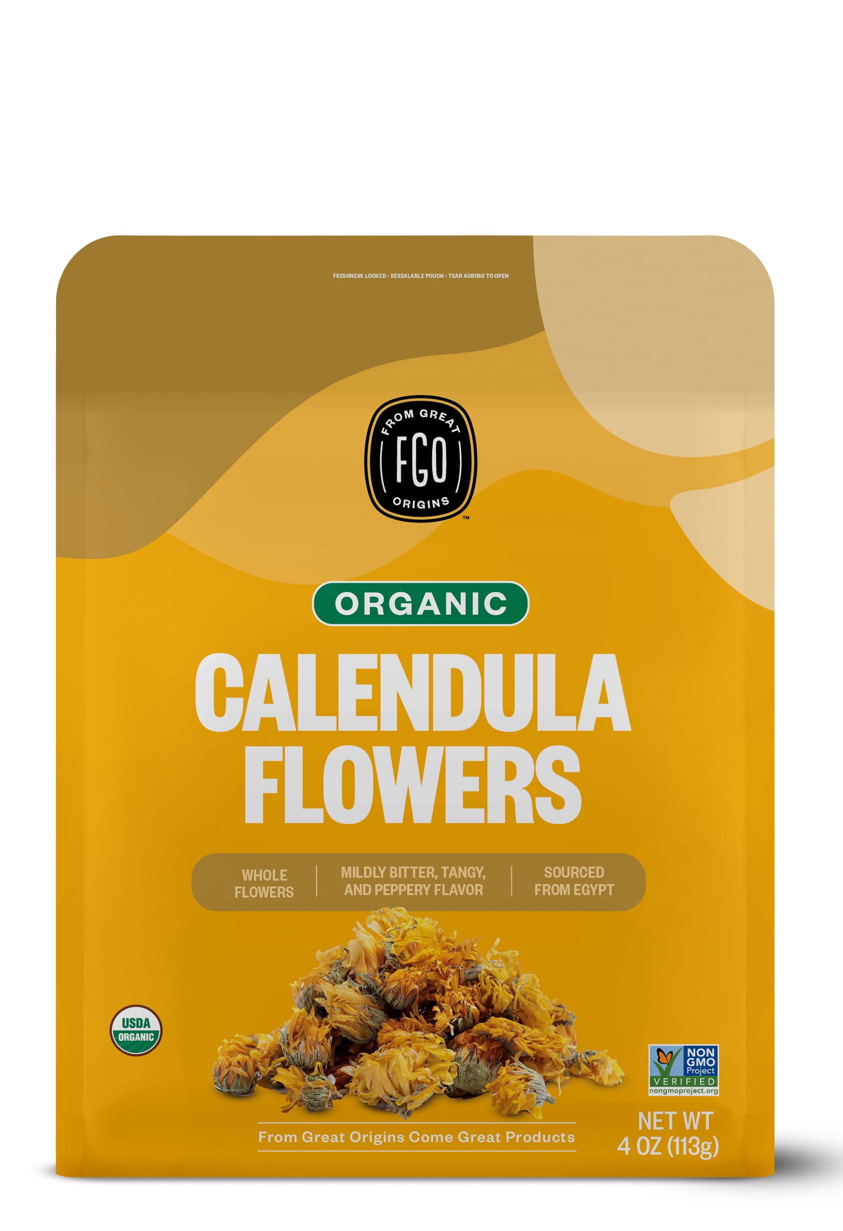 FGO Organic Calendula Flowers, Whole, 100% Raw From Egypt, 4oz, Packaging May Vary (Pack of 1)