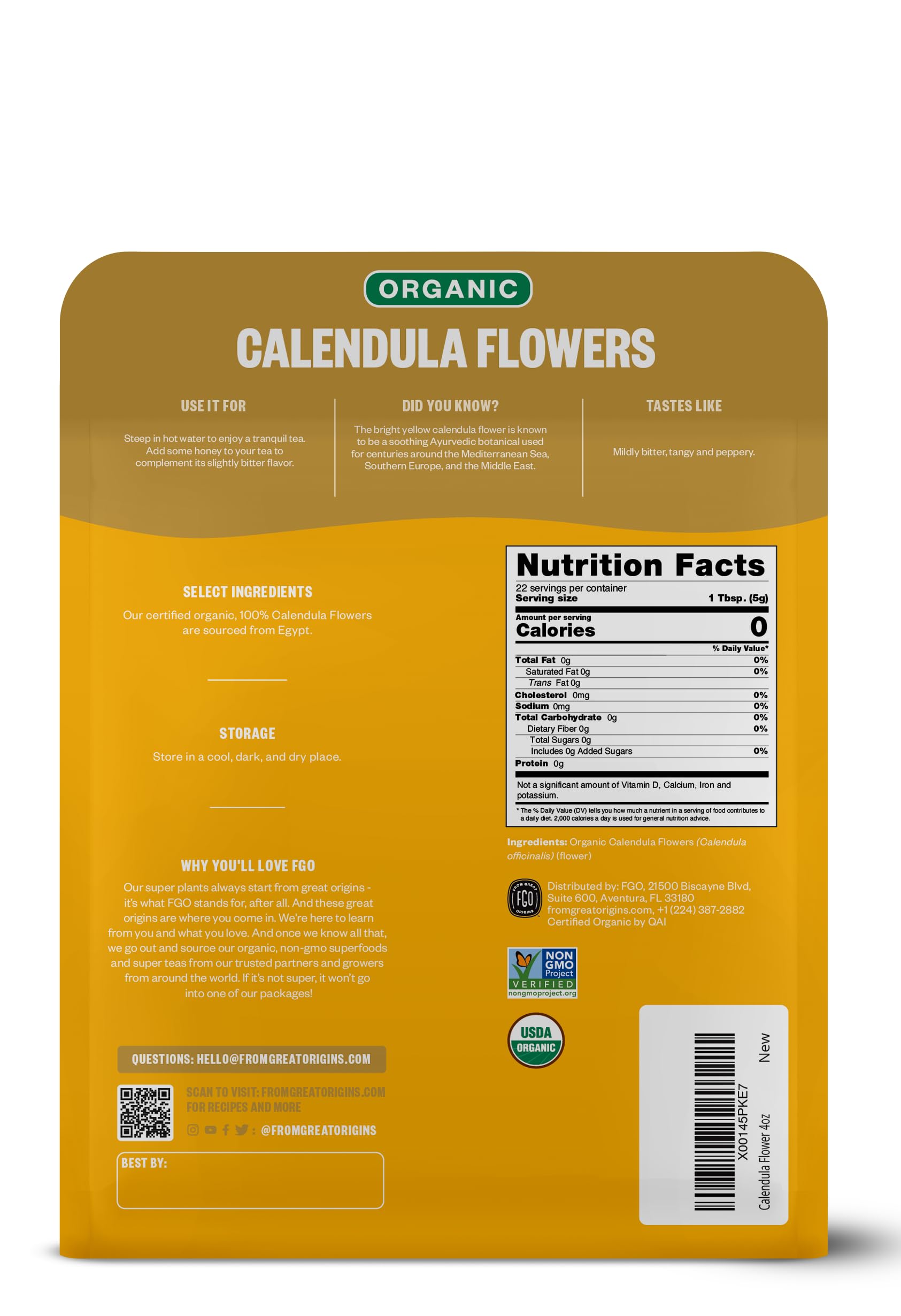 FGO Organic Calendula Flowers, Whole, 100% Raw From Egypt, 4oz, Packaging May Vary (Pack of 1)