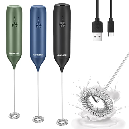 LUUKMONDE Milk Frother Handheld with USB Type-C Rechargeable, Electric Drink Mixer with Stainless Steel Whisk, 14000RPM Motor Foam Maker for Latte, Matcha Tea, Cappuccino, Hot Chocolate, Black