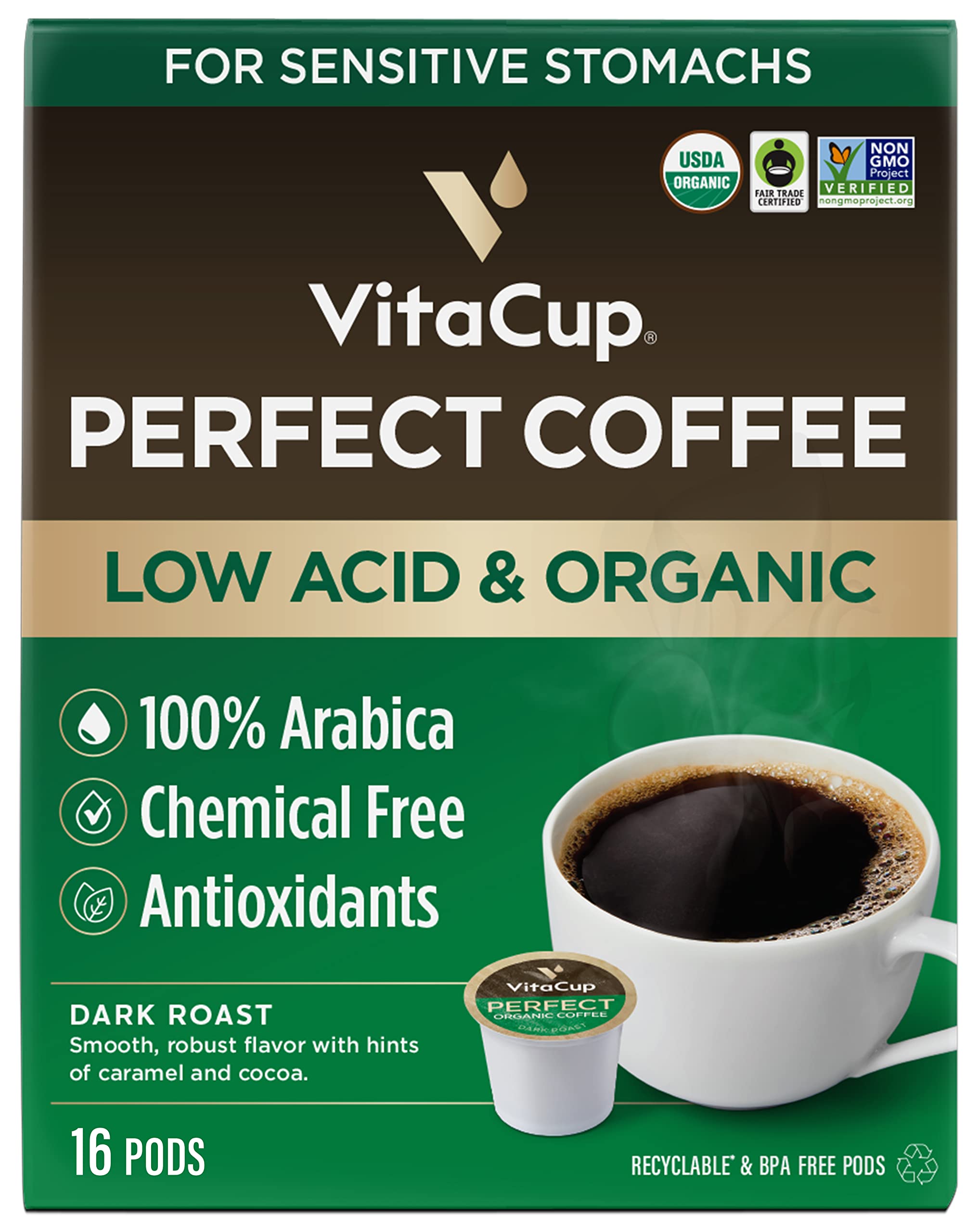 VitaCup Perfect Low Acid Coffee Pods, USDA Organic & Fair Trade, Mycotoxin Free, Dark Roast Guatemala Single Origin, Clean & Pure Recyclable Single Serve Pod compatible w/Keurig K-Cup Brewers,16 CT