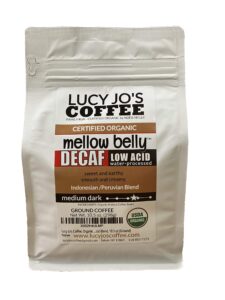 lucy jo's coffee, organic decaf mellow belly low acid blend, medium dark, 10.5 oz (ground)