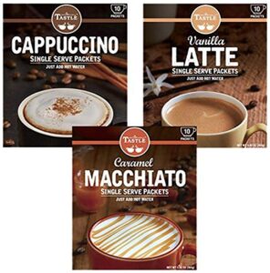 cafe tastle cappuccino, vanilla latte, caramel macchiato, 30 piece assortment