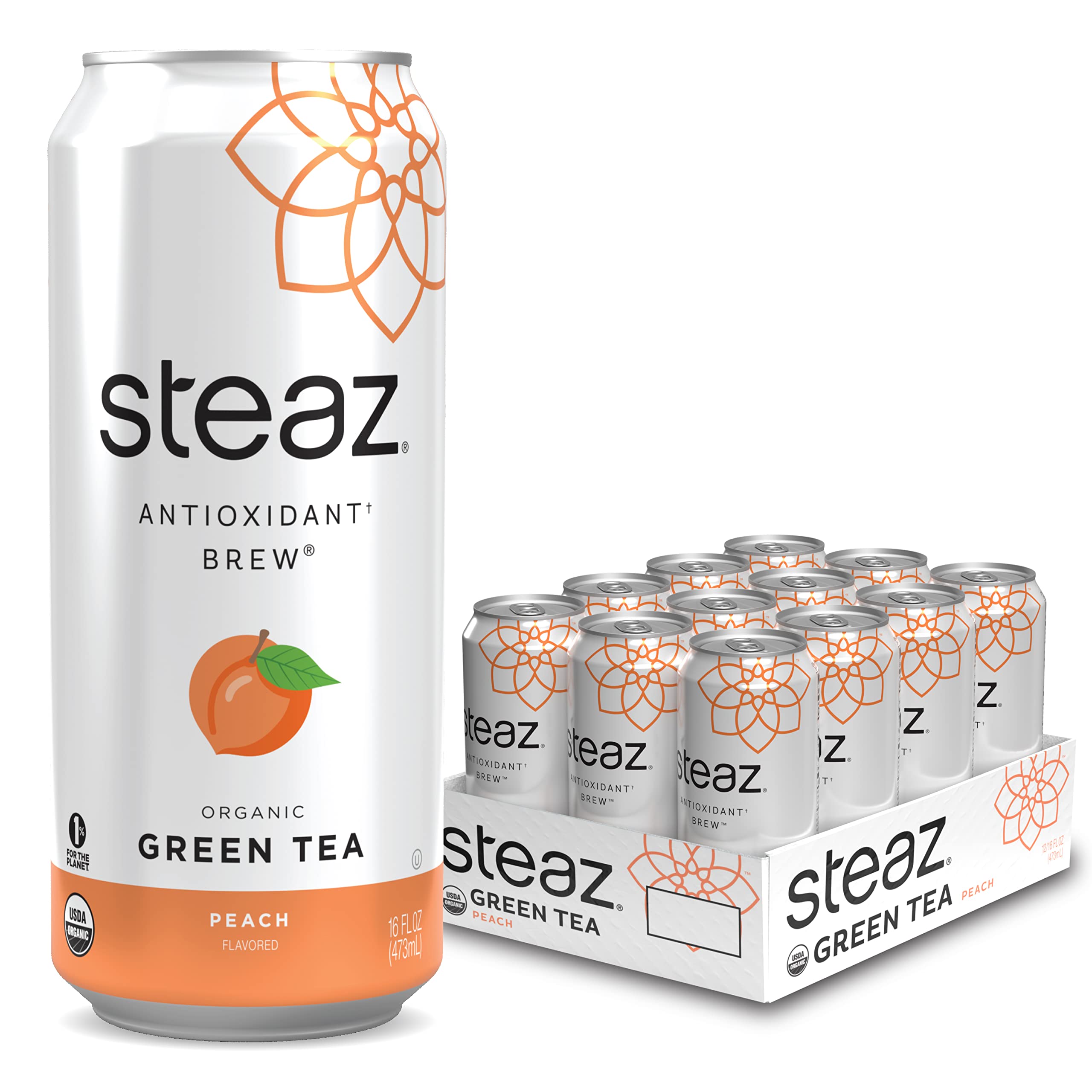 Steaz Organic Iced Green Tea Antioxident Brew, Peach, 16 Fl Oz, Pack of 12