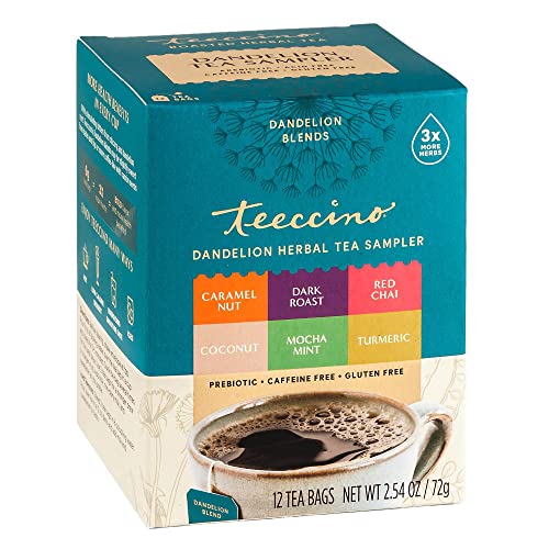 Teeccino Dandelion Tea Sampler – Caramel, Coconut, Dark Roast, Mocha Mint, Red Chai, Turmeric – Roasted Herbal Tea That’s Caffeine Free & Prebiotic with Detoxifying Dandelion, 12 Tea Bags