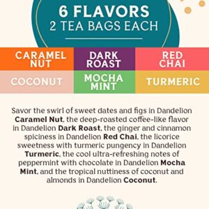 Teeccino Dandelion Tea Sampler – Caramel, Coconut, Dark Roast, Mocha Mint, Red Chai, Turmeric – Roasted Herbal Tea That’s Caffeine Free & Prebiotic with Detoxifying Dandelion, 12 Tea Bags