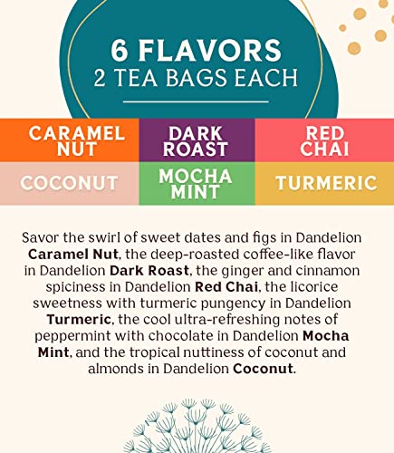 Teeccino Dandelion Tea Sampler – Caramel, Coconut, Dark Roast, Mocha Mint, Red Chai, Turmeric – Roasted Herbal Tea That’s Caffeine Free & Prebiotic with Detoxifying Dandelion, 12 Tea Bags