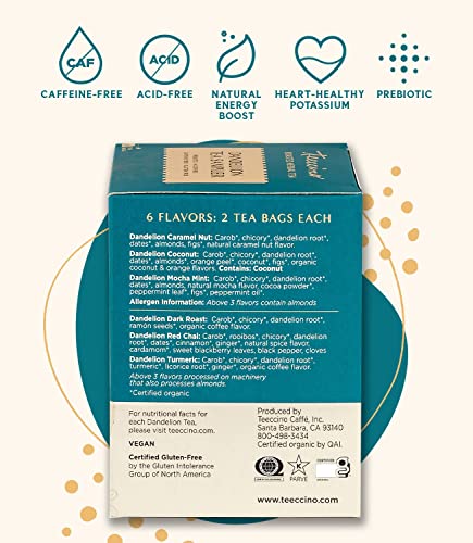 Teeccino Dandelion Tea Sampler – Caramel, Coconut, Dark Roast, Mocha Mint, Red Chai, Turmeric – Roasted Herbal Tea That’s Caffeine Free & Prebiotic with Detoxifying Dandelion, 12 Tea Bags