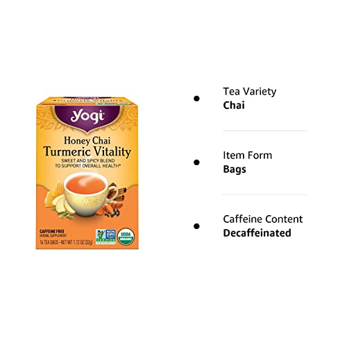 Yogi Tea Honey Chai Turmeric Vitality Tea - 16 Tea Bags per Pack (4 Packs) - Organic Tea to Support Overall Health - Includes Cinnamon Bark, Turmeric Root, Cardamom Pod, Ginger Root & More