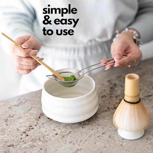 Marce Matcha Whisk Set- Matcha Whisk and Bowl, Matcha Sifter, Matcha Whisk Holder and Matcha Spoon- The Perfect Matcha Kit for Matcha Tea (White)