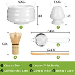 Marce Matcha Whisk Set- Matcha Whisk and Bowl, Matcha Sifter, Matcha Whisk Holder and Matcha Spoon- The Perfect Matcha Kit for Matcha Tea (White)