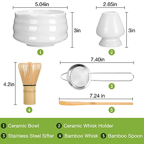 Marce Matcha Whisk Set- Matcha Whisk and Bowl, Matcha Sifter, Matcha Whisk Holder and Matcha Spoon- The Perfect Matcha Kit for Matcha Tea (White)