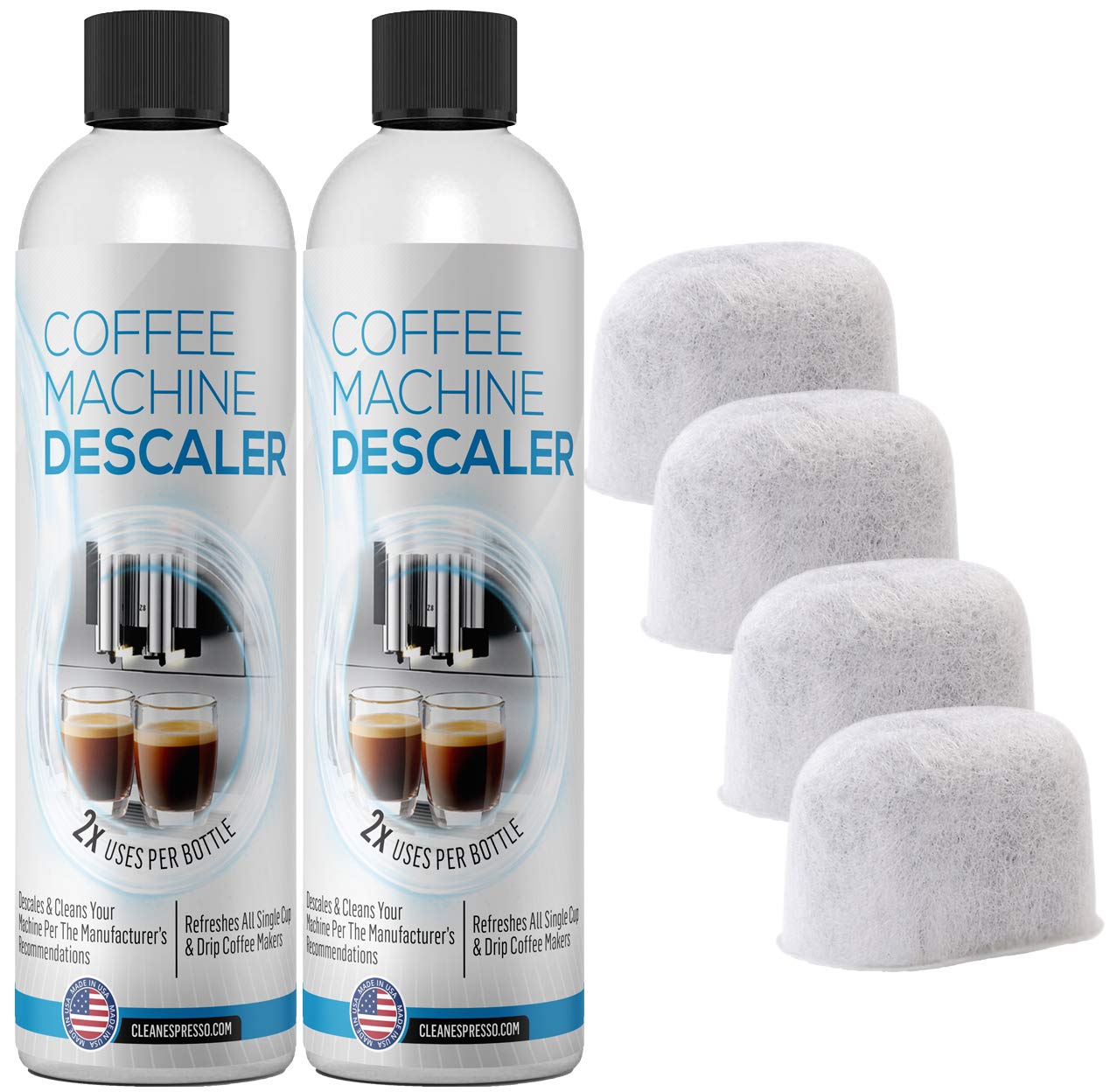 Keurig Compatible Descaling Solution (2 Bottles, 4 Uses Plus 4 Filters) - Universal Descaler Cleaner Concentrate Kit Compatible With All Keurig 1.0 & 2.0 K-Cup Pod Machines and Espresso Machines