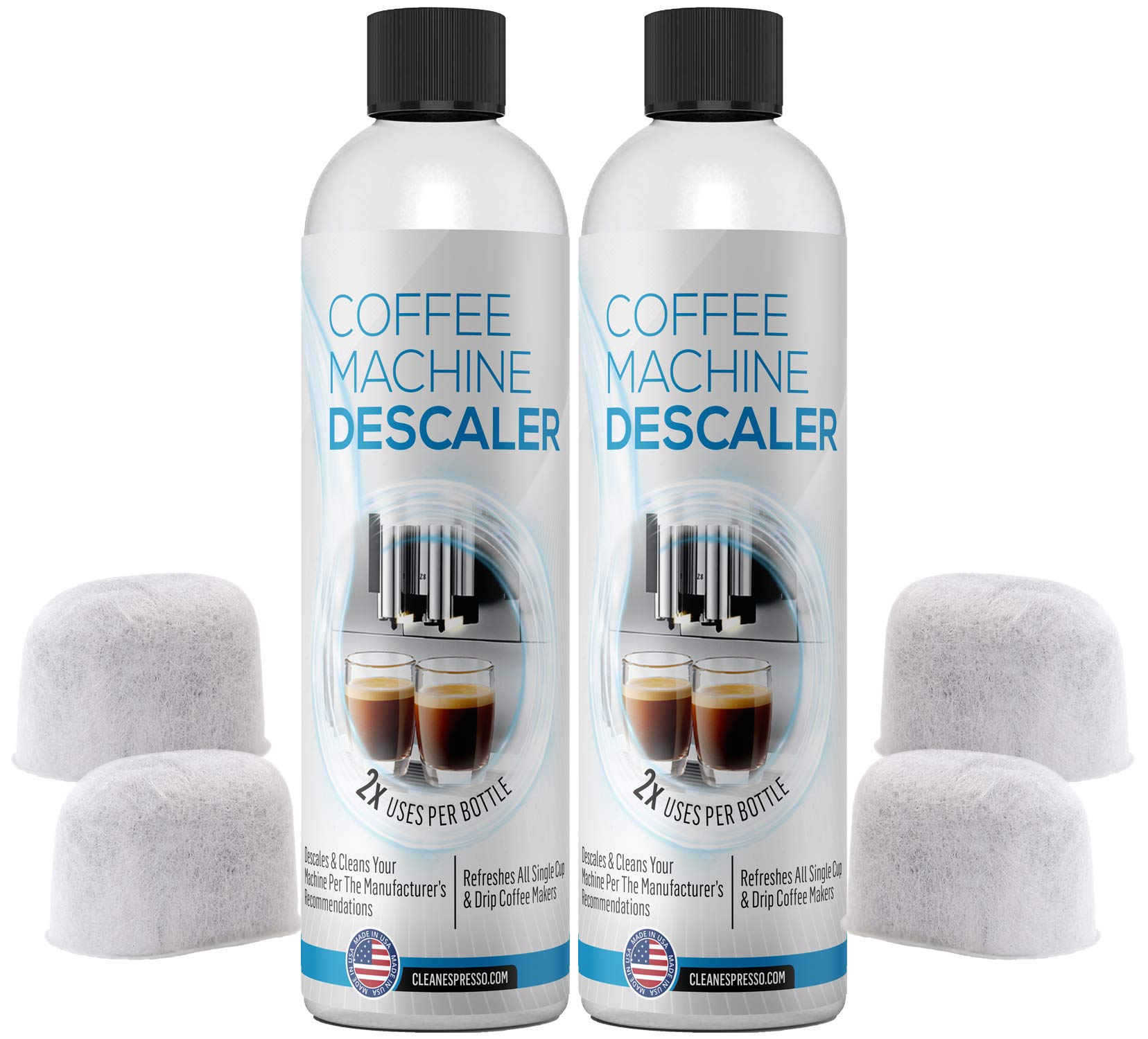 Keurig Compatible Descaling Solution (2 Bottles, 4 Uses Plus 4 Filters) - Universal Descaler Cleaner Concentrate Kit Compatible With All Keurig 1.0 & 2.0 K-Cup Pod Machines and Espresso Machines