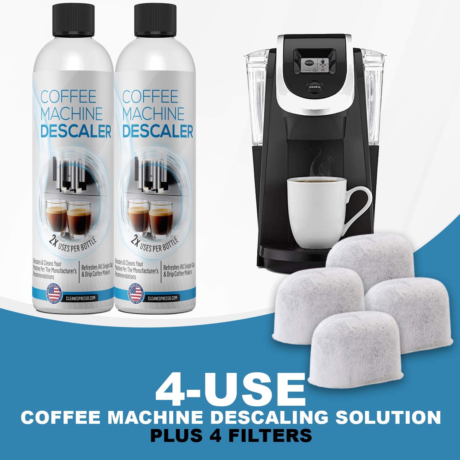 Keurig Compatible Descaling Solution (2 Bottles, 4 Uses Plus 4 Filters) - Universal Descaler Cleaner Concentrate Kit Compatible With All Keurig 1.0 & 2.0 K-Cup Pod Machines and Espresso Machines