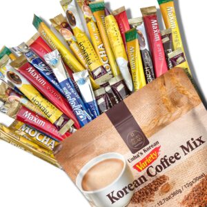 instant coffee mix packets single serve - korean variety coffee sampler 30 sticks of 6 different flavors, maxim mocha, white mocha, original maxim french café (variety 30 pack)