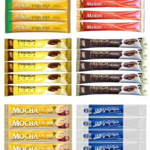 Instant Coffee Mix Packets Single Serve - Korean Variety Coffee Sampler 30 Sticks of 6 Different Flavors, Maxim Mocha, White Mocha, Original Maxim French Café (Variety 30 Pack)