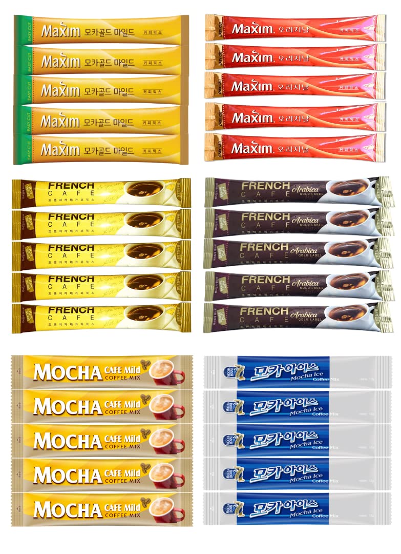 Instant Coffee Mix Packets Single Serve - Korean Variety Coffee Sampler 30 Sticks of 6 Different Flavors, Maxim Mocha, White Mocha, Original Maxim French Café (Variety 30 Pack)