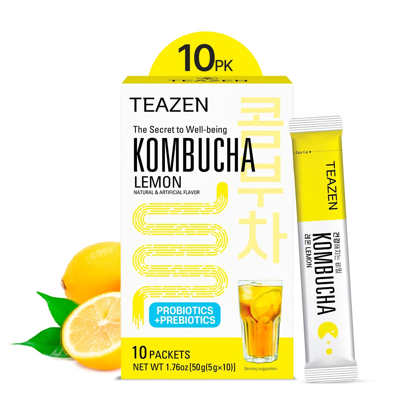 Teazen Kombucha Tea, Zero Sugar, Sparkling Fermented Powdered Mix Beverage from Korea, Live Probiotics & Prebiotics, 10 Sticks, 1.76oz (Lemon)