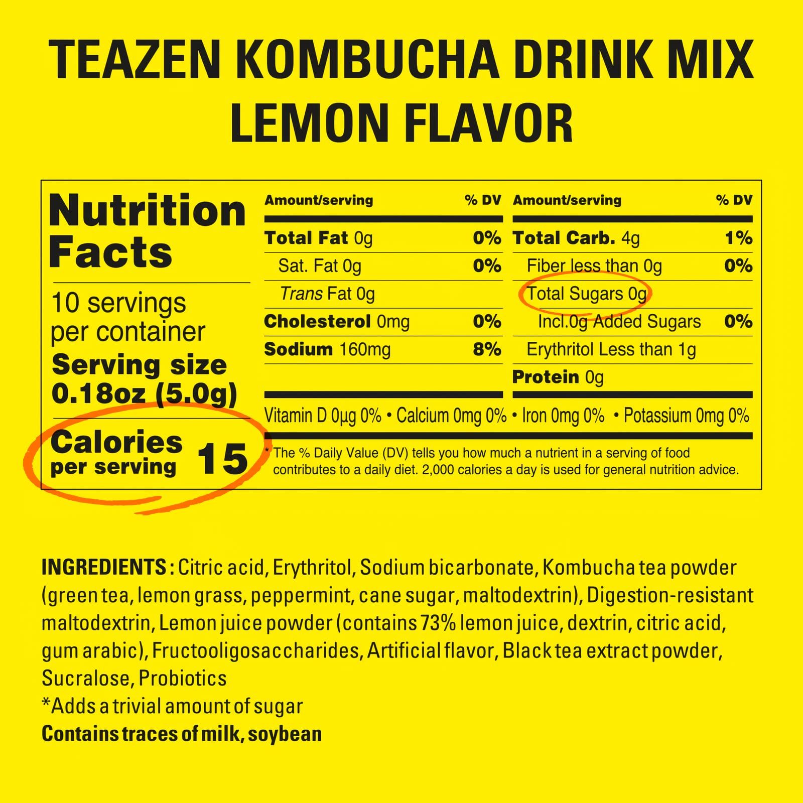 Teazen Kombucha Tea, Zero Sugar, Sparkling Fermented Powdered Mix Beverage from Korea, Live Probiotics & Prebiotics, 10 Sticks, 1.76oz (Lemon)