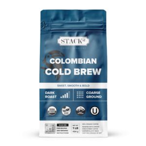 organic cold brew coffee coarse ground 1 lb - colombian supremo reserve flavor dark roast coarse grind - 100% arabica beans - handcrafted, single origin, micro roast, direct trade – by stack street