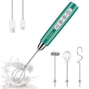 yuswko milk frother handheld with 3 heads, coffee whisk foam mixer with usb rechargeable 3 speeds, electric mini hand hand frother for latte, cappuccino, hot chocolate, egg - green