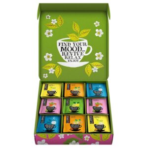 clipper tea organic herbal & green tea selection/sampler, gift box - eco friendly, self care, fair trade. assorted individually wrapped tea bags, 1 box, 45 unbleached tea bags, gifting