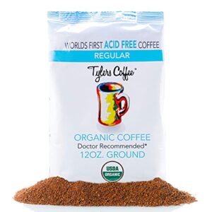 tyler’s acid free organic ground coffee - 100% arabica full flavor - neutral ph - caffeinated no bitter aftertaste - gentle on digestion, reduce acid reflux - protect teeth - for acid free diets- natural and organic blend for common gi issues 12 oz