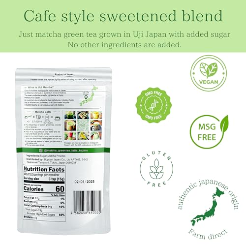 BJDesign Matcha Latte Powder “HAJIME” Sweetened Matcha Green Tea Powder - Authentic Japanese Origin - Non MSG, Non GMO, Vegan, Gluten Free (5.3 Ounce)