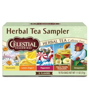 celestial seasonings herbal tea sampler variety pack, caffeine free, 18 tea bags box