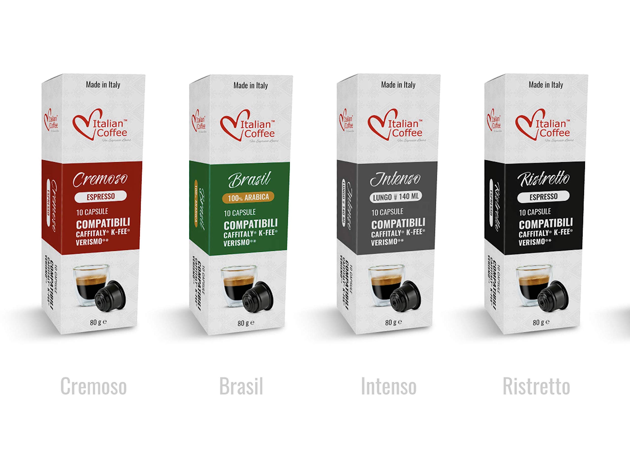 ITALIAN COFFEE FOR ESPRESSO LOVERS Italian Coffee capsules compatible with Verismo, CBTL, Caffitaly, K-fee systems (Sampler, 4 flavors, 40 pods tot., No decaf)