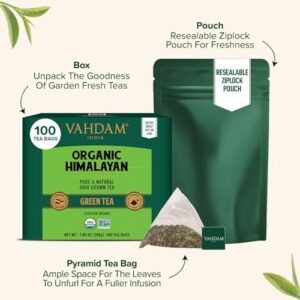 VAHDAM, Organic Green Tea Leaves From Himalayas (100 Green Tea Bags) USDA Organic, Non GMO, Gluten Free, High Grown | Whole Loose-Leaf Tea Bags | Resealable Ziplock Pouch