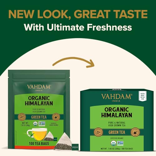 VAHDAM, Organic Green Tea Leaves From Himalayas (100 Green Tea Bags) USDA Organic, Non GMO, Gluten Free, High Grown | Whole Loose-Leaf Tea Bags | Resealable Ziplock Pouch