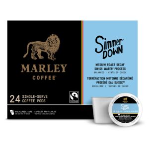 marley coffee simmer down decaf, swiss water process, medium roast coffee, keurig k-cup brewer compatible pods, 24 count