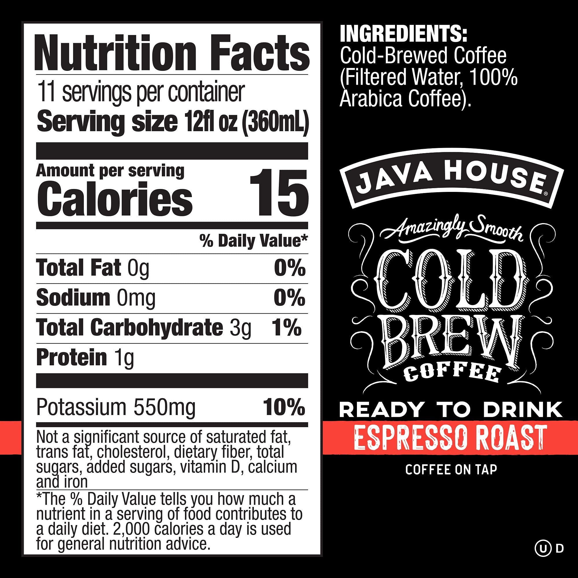 Java House Cold Brew Coffee On Tap, (128 Fluid Ounce Box) Not a Concentrate, No Sugar, Ready to Drink Liquid (Espresso, Pack of 1)