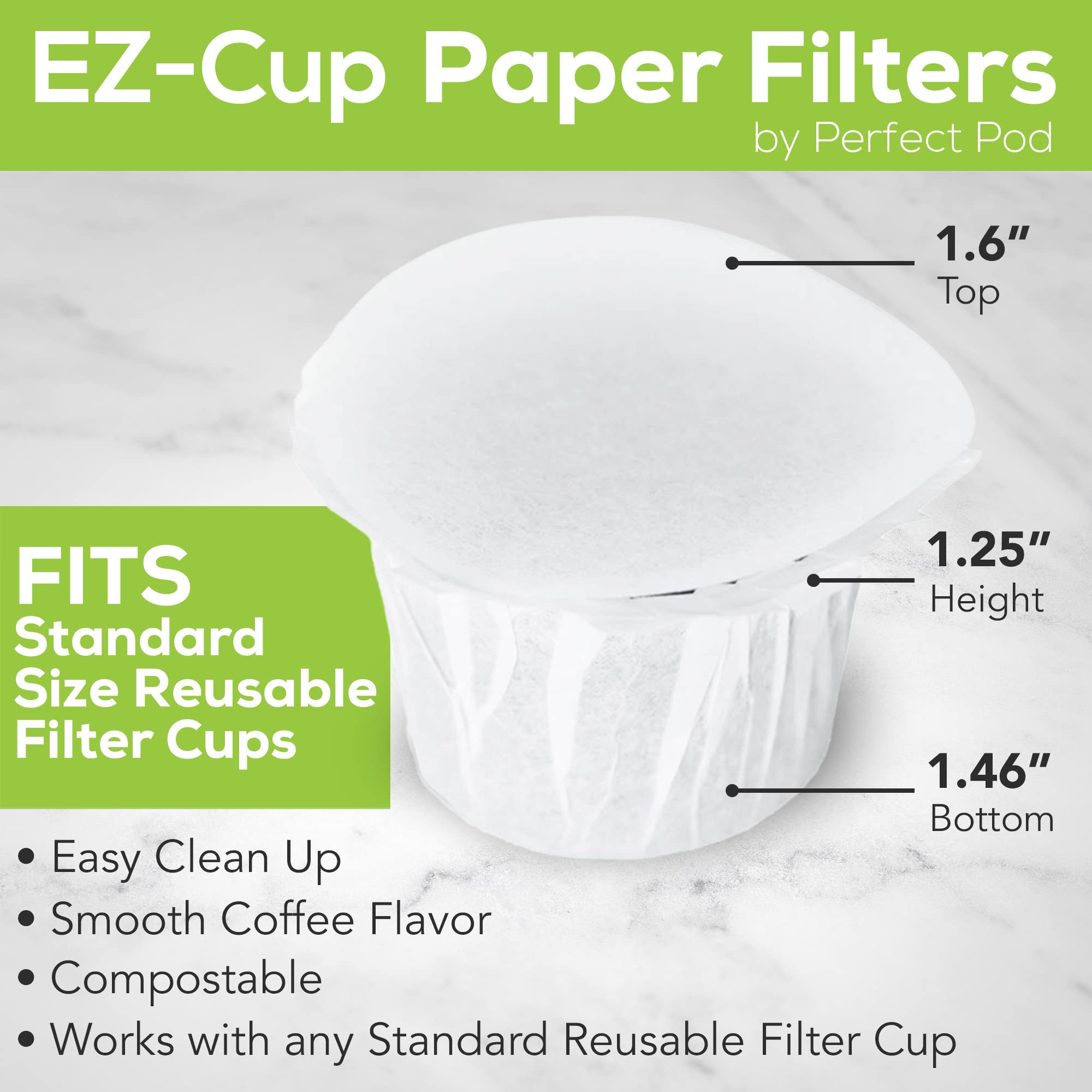 Perfect Pod EZ-Cup 2.0 Disposable Paper Coffee Filters for Single-Serve Reusable Coffee Pods Pod Capsule, 6-Pack (300-Ct)