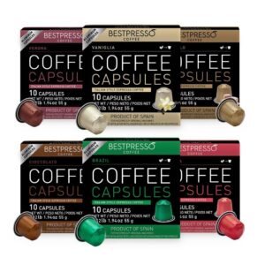 bestpresso coffee for nespresso original machine 120 aluminum pods certified genuine espresso variety pack mix flavored and dark roast, pods compatible with nespresso original