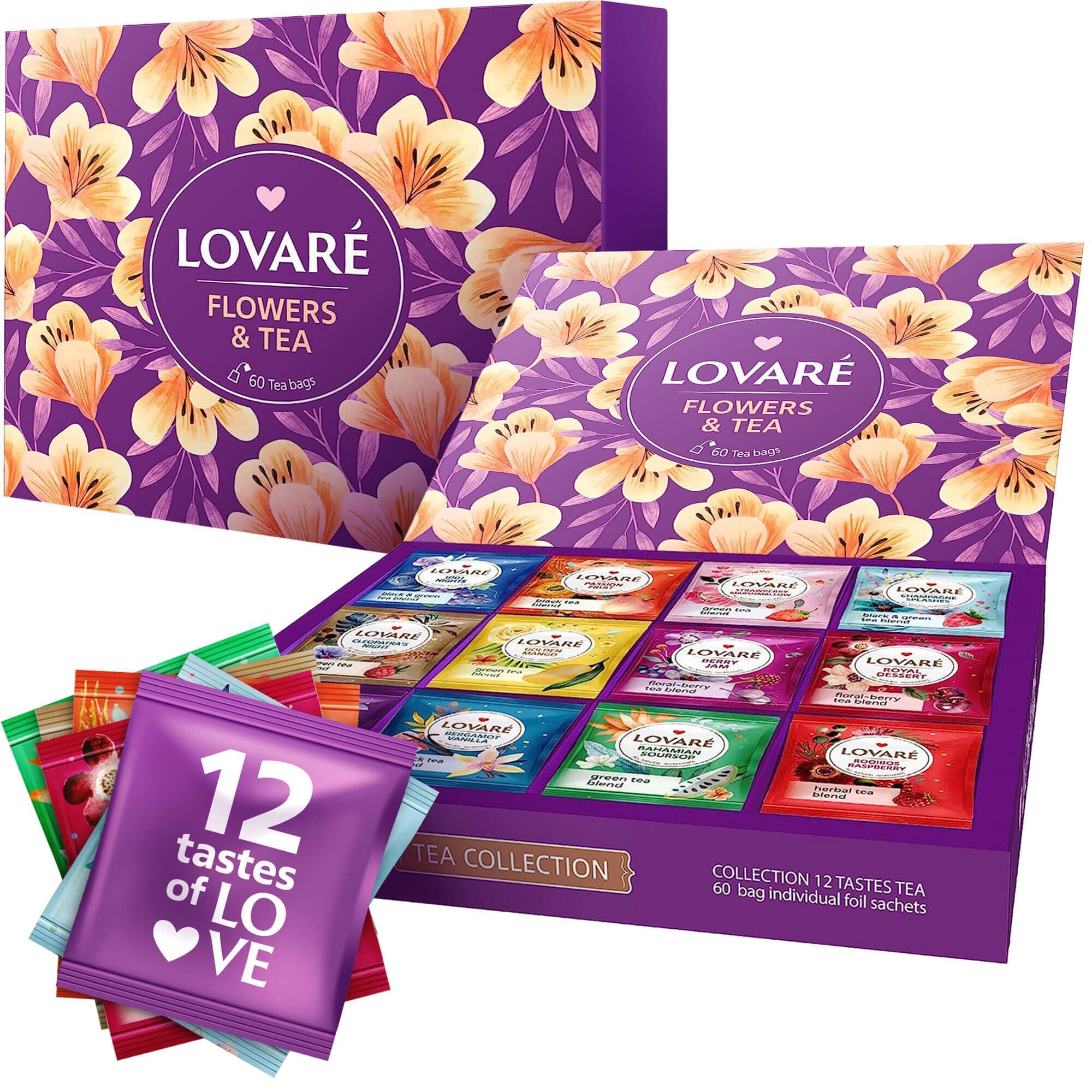 LOVARE Tea Bags Variety Pack - Made in Ukraine - Black and Green, Floral Berry, Mixed Blend Assorted Tea Collection - Tea Sampler - Tea Gift Sets for Tea Lovers (60 Bags - 12 Tastes)