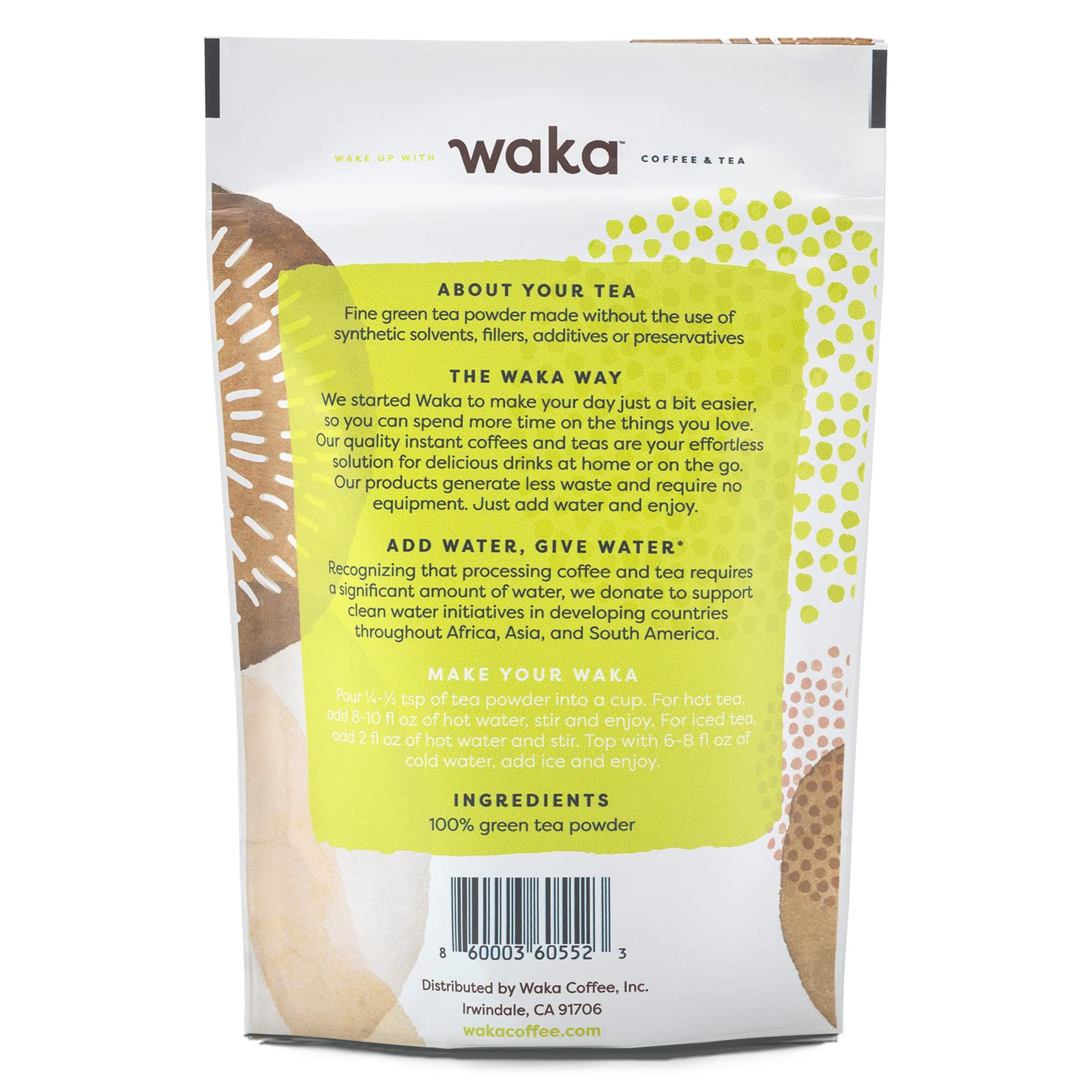 Waka Premium Instant Tea — Original Flavor Concentrated Green Tea Powder — No Sugar Added & Unsweetened — 100% Tea Leaves — 4.5 oz Bulk Bag for Hot or Iced Tea