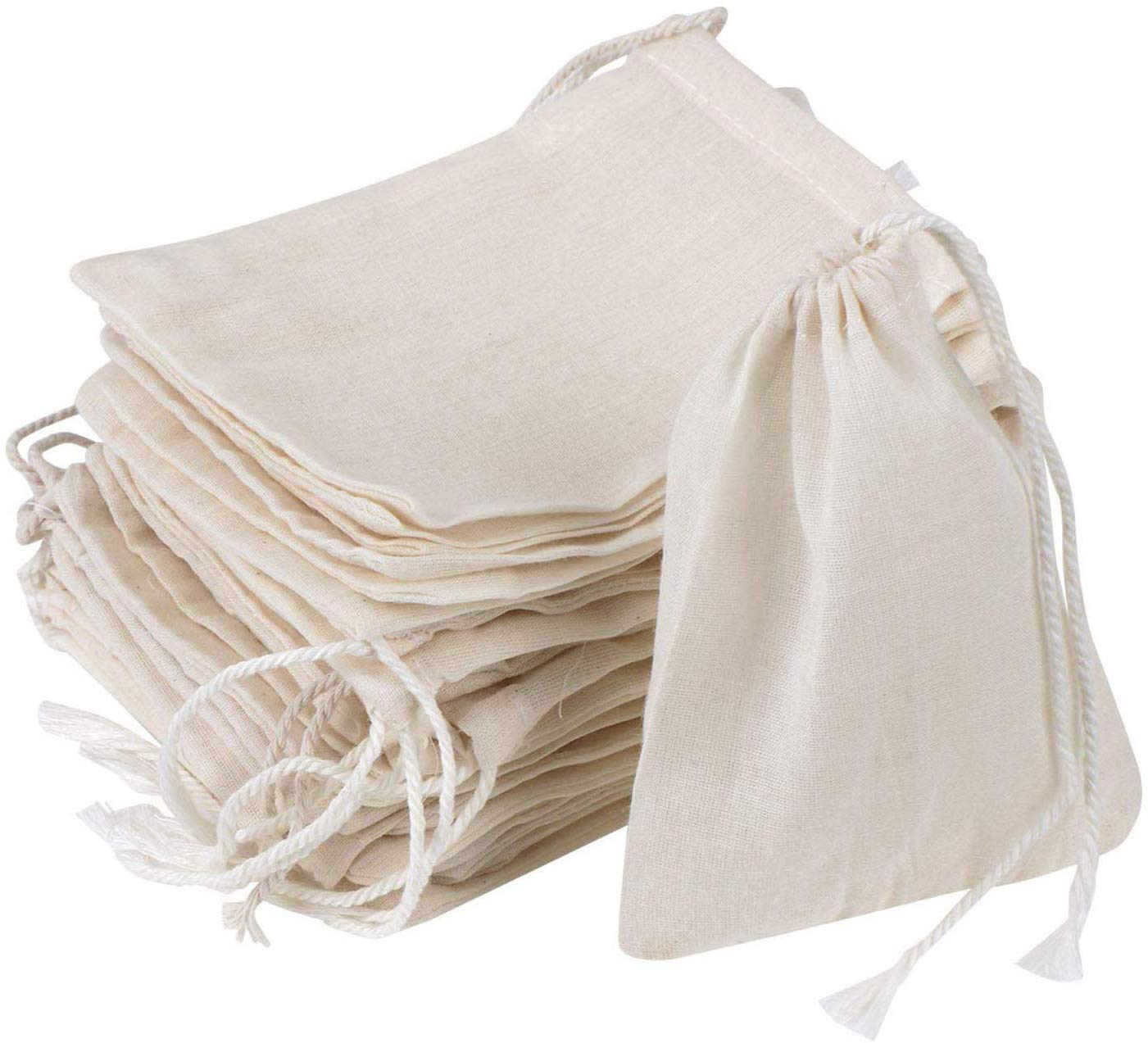 GIYOMI 20 Pcs Muslin Drawstring Bags,Natural Unbleached Cotton Straining Herbs Cheesecloth Bags, Coffee Tea Brew Bags, Soup Gravy Broth Stew Bags, Bone Broth Brew Bags,Spice Bags, 4 x 3 Inches