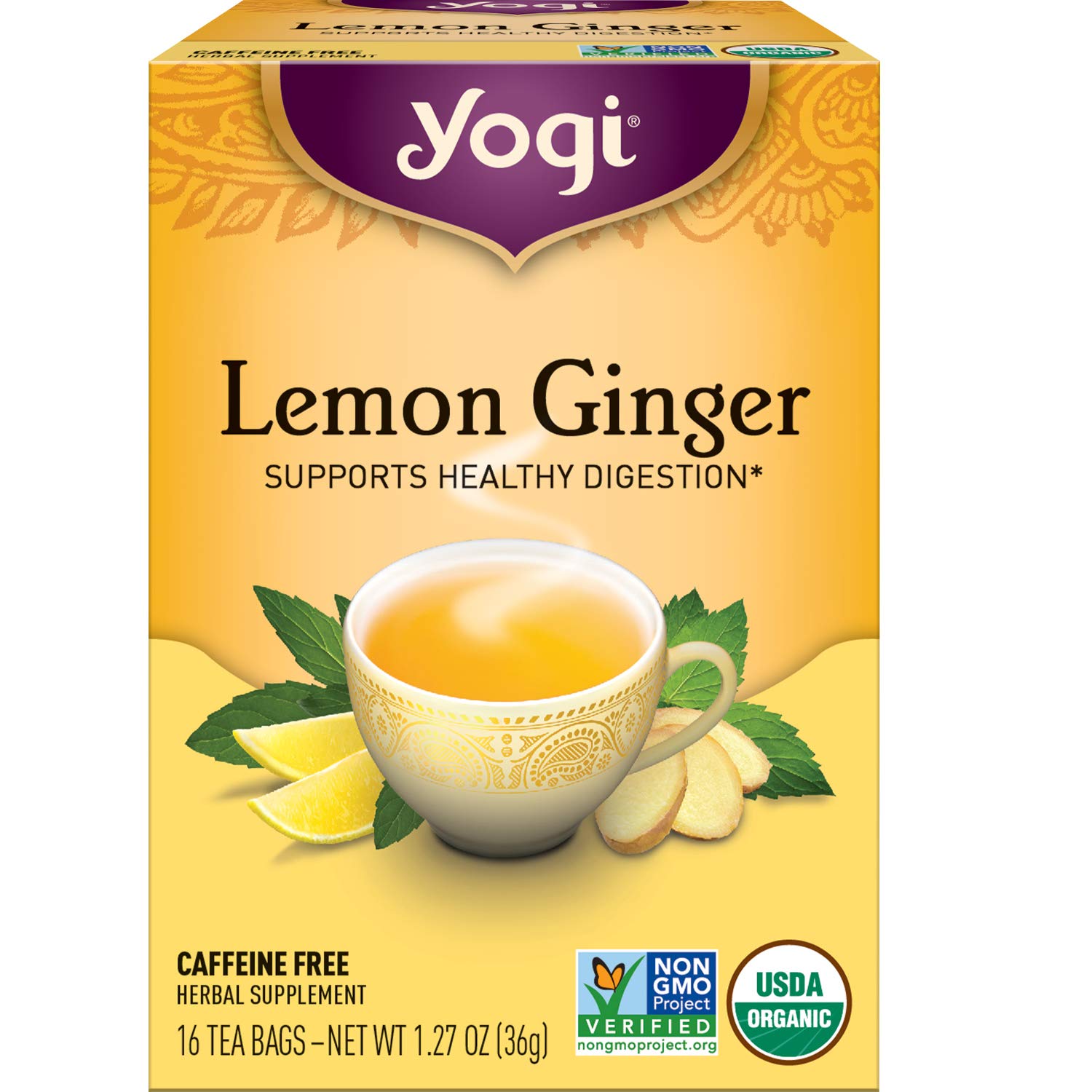 Yogi Tea Lemon Ginger Tea - 16 Tea Bags per Pack (4 Packs) - Organic Ginger Root Tea to Support Healthy Digestion - Includes Lemongrass, Lemon Flavor, Licorice Root, Lemon Peel & More