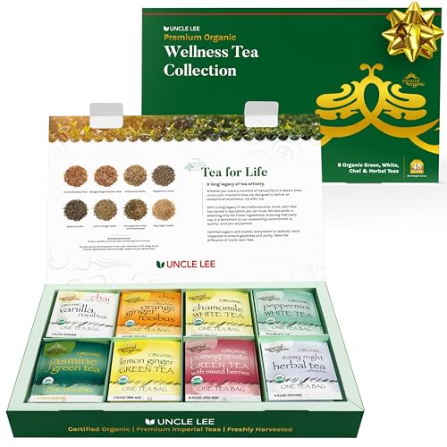 Uncle Lee’s Imperial Organic Tea Gift Set - Wellness Tea Sampler Gift Box with Green Tea, White Tea, Chai Rooibos Tea, and Sleep Tea, Individually Wrapped Tea Bags Variety Pack, 48 Count