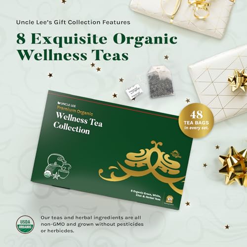 Uncle Lee’s Imperial Organic Tea Gift Set - Wellness Tea Sampler Gift Box with Green Tea, White Tea, Chai Rooibos Tea, and Sleep Tea, Individually Wrapped Tea Bags Variety Pack, 48 Count