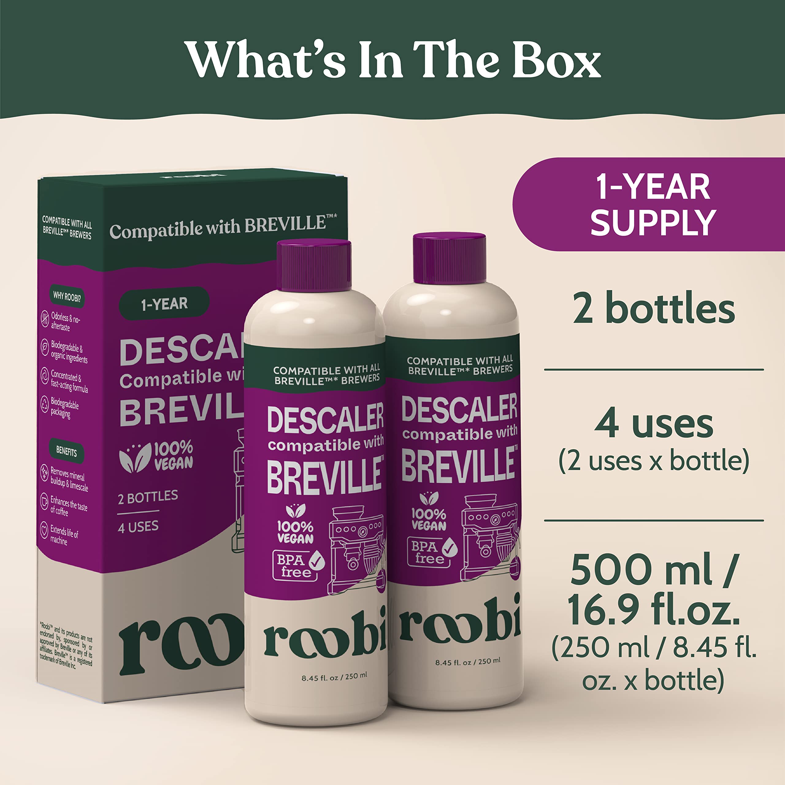 Breville Compatible Descaling Solution. Specially Formulated to Clean & Descale your Breville Machine. 2 Uses per Bottle, 2 Pack. Eco-Friendly Carbon Neutral Maintenance Kit.