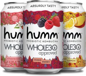 humm whole30 approved kombucha variety pack - mango lemon, mixed berry, strawberry blossom - organic, vegan & gmo-free (12 pack)