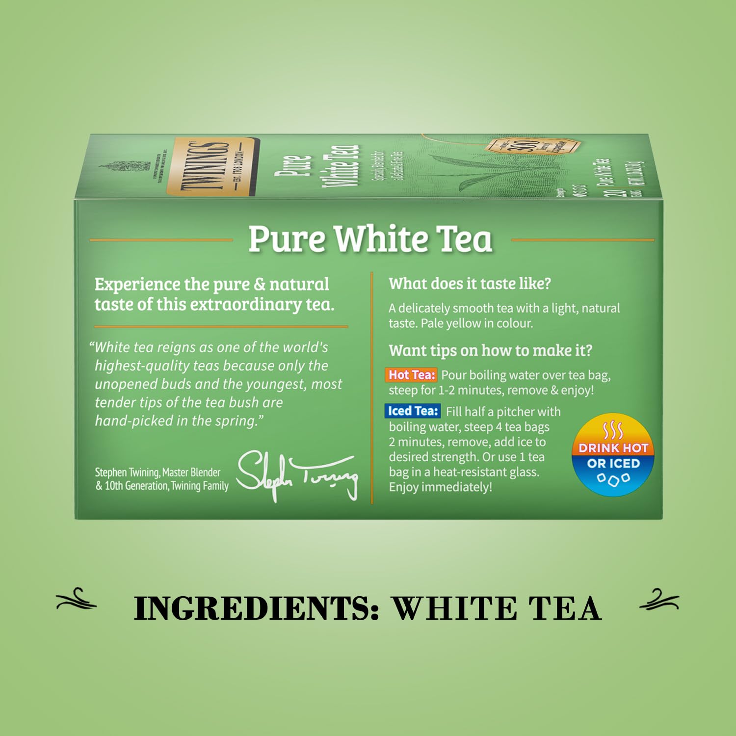 Twinings Pure White Tea Bags - Delicate Caffeinated Tea Made from Fresh White Tea Leaves, Perfect for Hot or Iced Tea, 20 Count (Pack of 2)