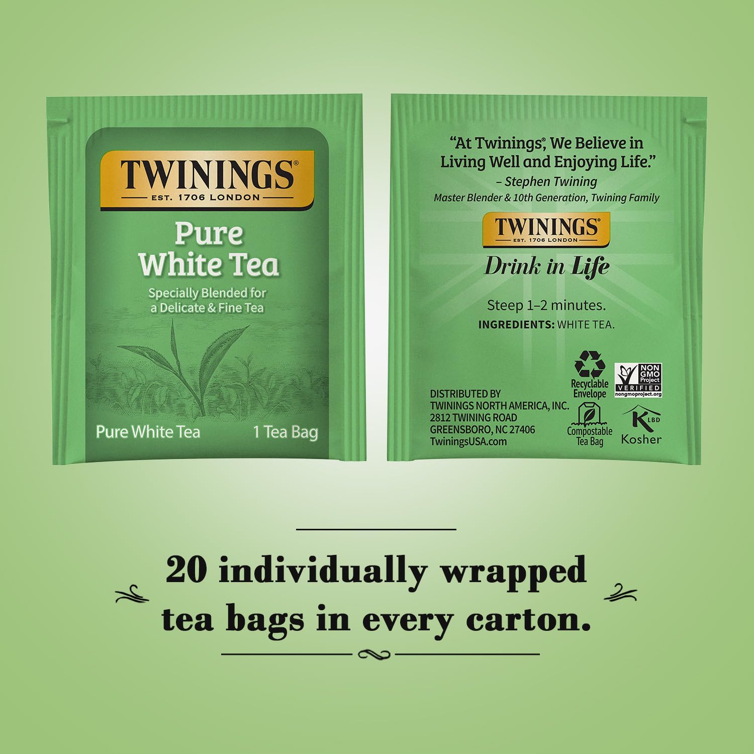 Twinings Pure White Tea Bags - Delicate Caffeinated Tea Made from Fresh White Tea Leaves, Perfect for Hot or Iced Tea, 20 Count (Pack of 2)