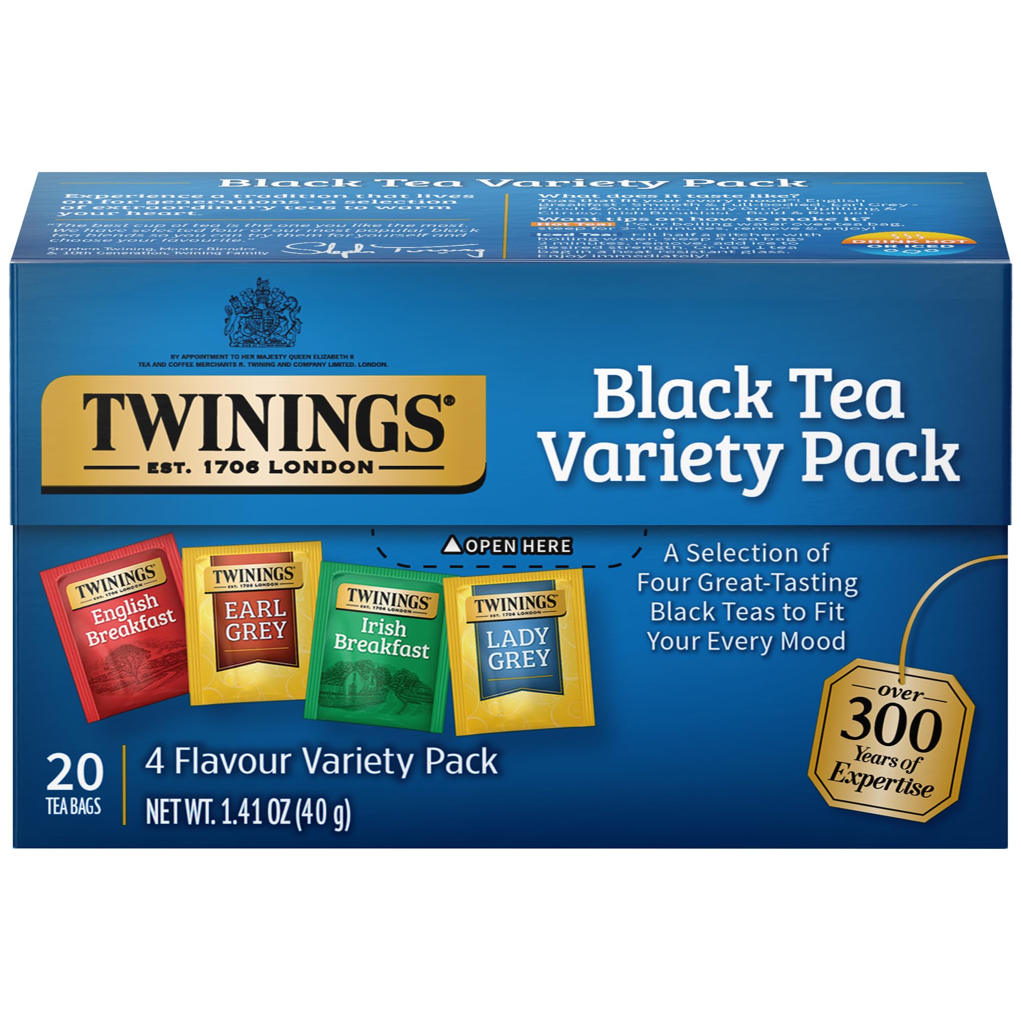 Twinings Black Tea Variety Pack with Earl Grey Tea, English Breakfast Tea, Irish Breakfast Tea, and Lady Grey Tea Bags, Individually Wrapped, 20 Count Ea (Pack of 3)