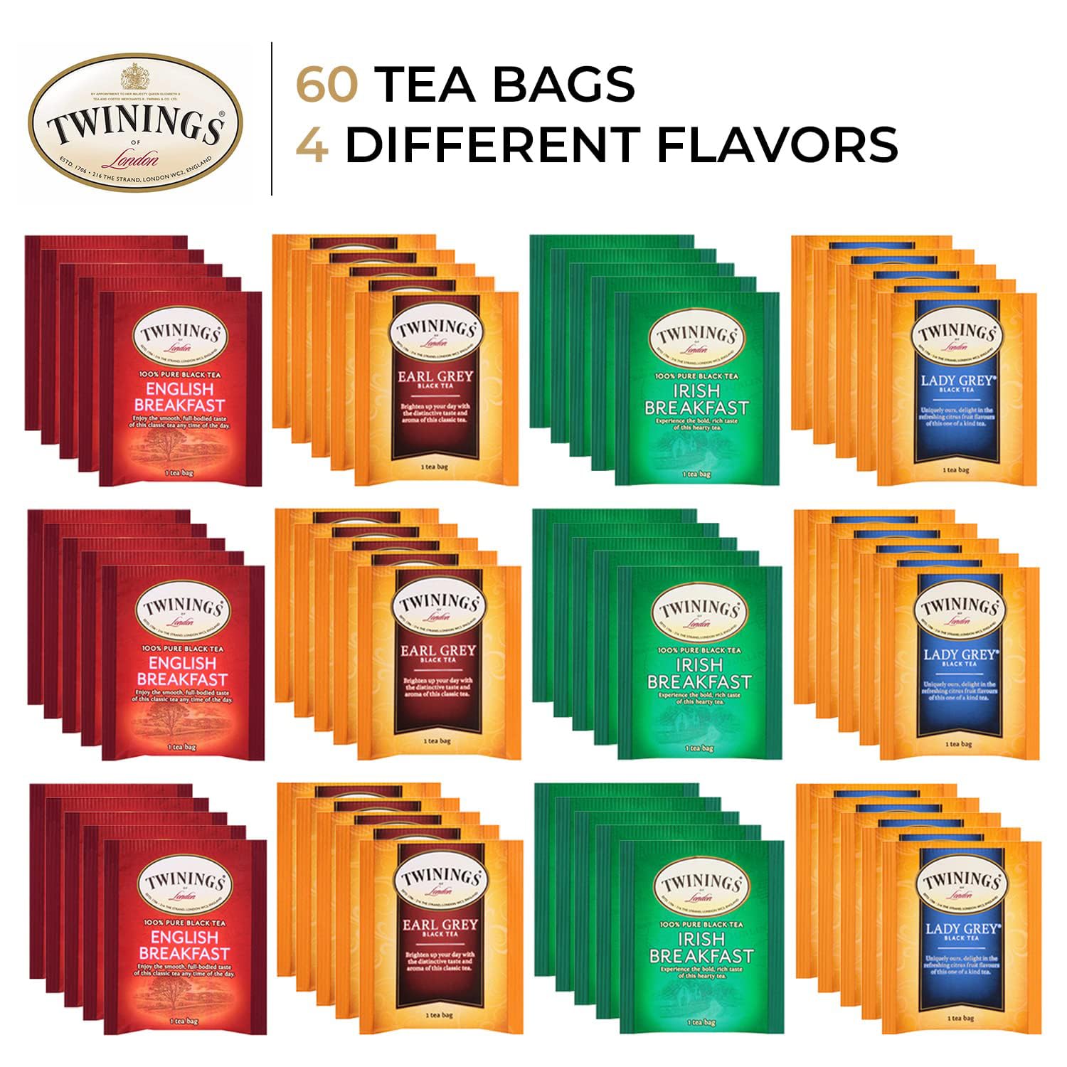 Twinings Black Tea Variety Pack with Earl Grey Tea, English Breakfast Tea, Irish Breakfast Tea, and Lady Grey Tea Bags, Individually Wrapped, 20 Count Ea (Pack of 3)