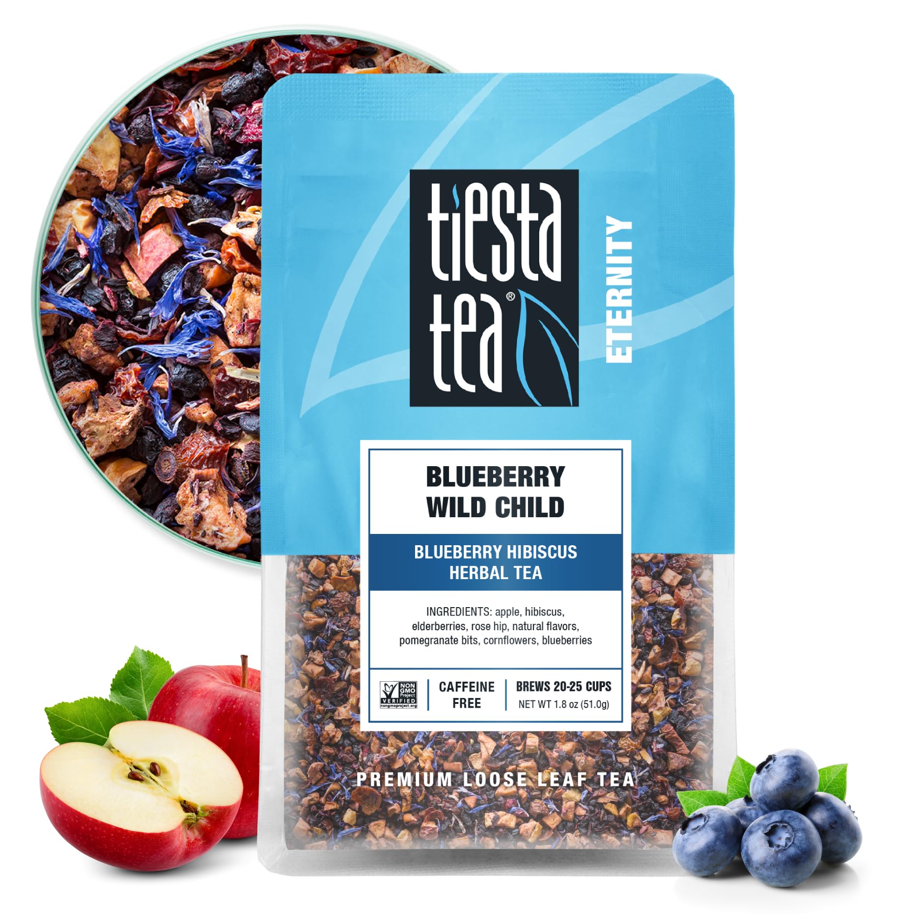 Tiesta Tea - Blueberry Wild Child, Blueberry Hibiscus Herbal Tea, Premium Loose Leaf Tea Blend, Non-Caffeinated Fruit Tea, Make Hot or Iced Tea & Brews Up to 25 Cups - 1.8oz Resealable Pouch