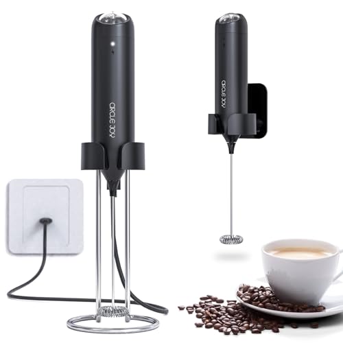 CIRCLE JOY Wall Mounted Milk Frother Handheld Rechargeable Milk Foamer Electric Mini Drink Mixer with 2-in-1 Stainless Steel Stand for Coffee, Cappuccino, Lattes, Frappe, Matcha and Hot Chocolate